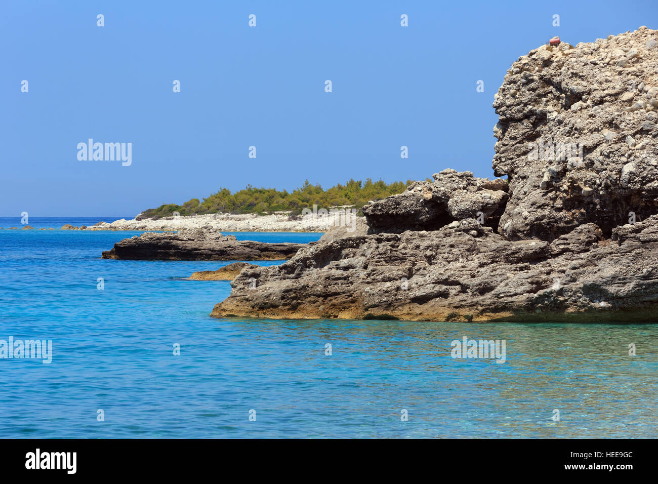 Summer Ionian sea rocky coast view (Drymades beach, Albania Stock Photo ...