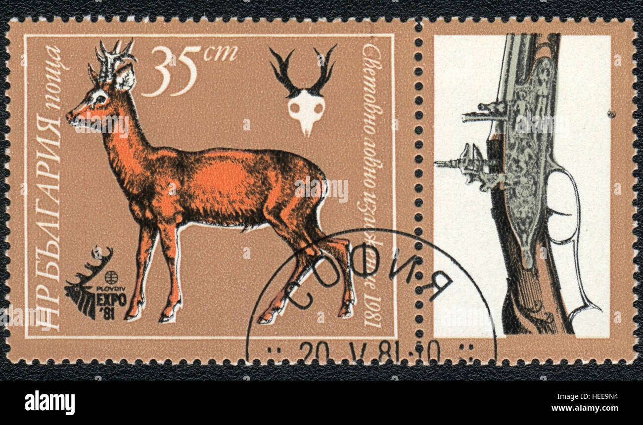 A postage stamp printed in Bulgaria shows Roe deer and shotgun,series ...