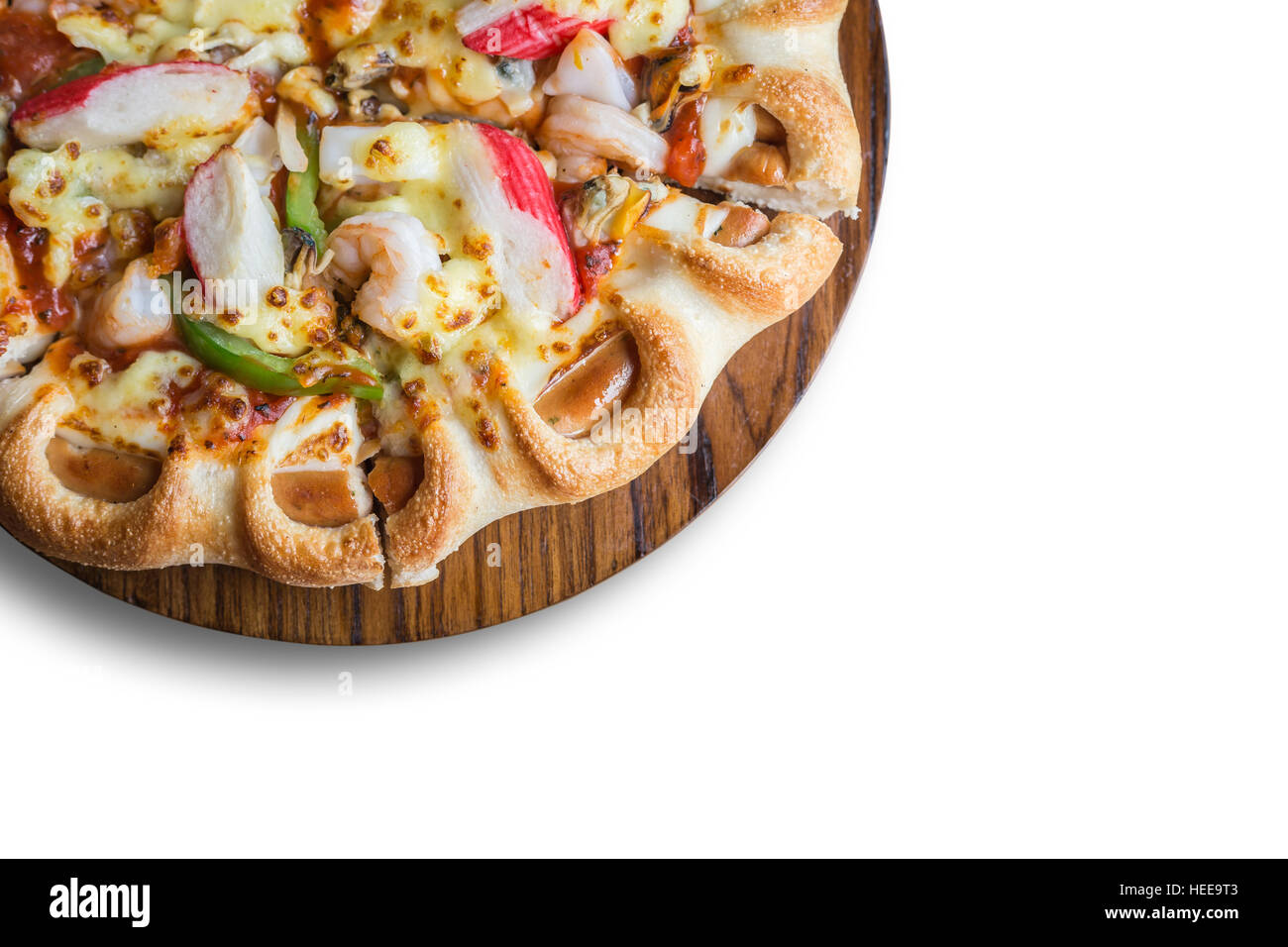 Close up pizza on wooden plate isolated on white background, Top view ...