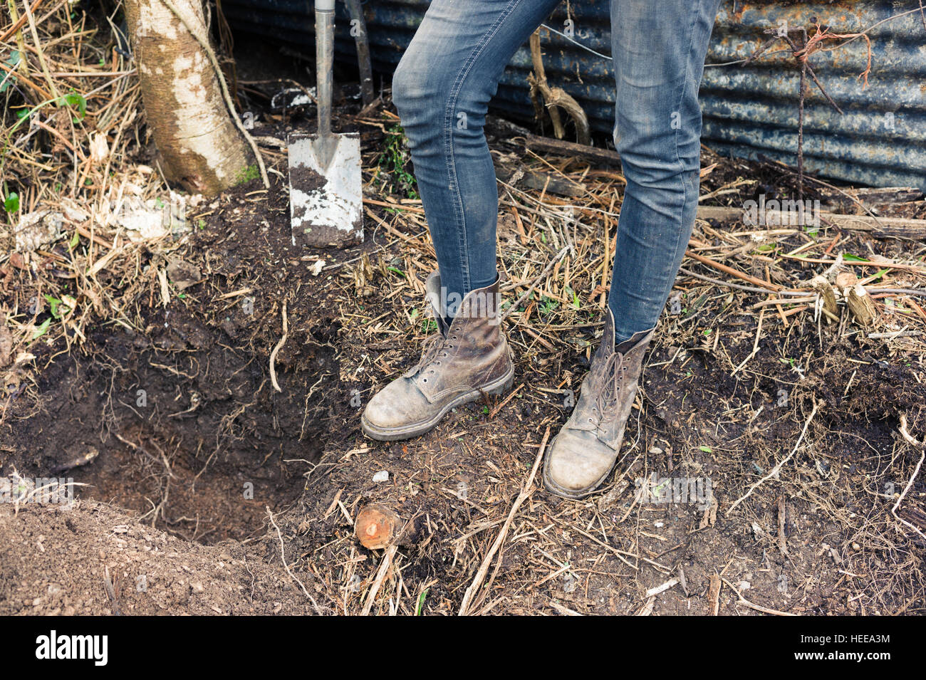 The feet of a person in boots standing by a hole with a spade Stock ...