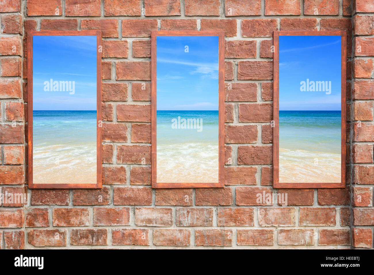 Abstract square red brick wall texture with windows frame can see ocean ...