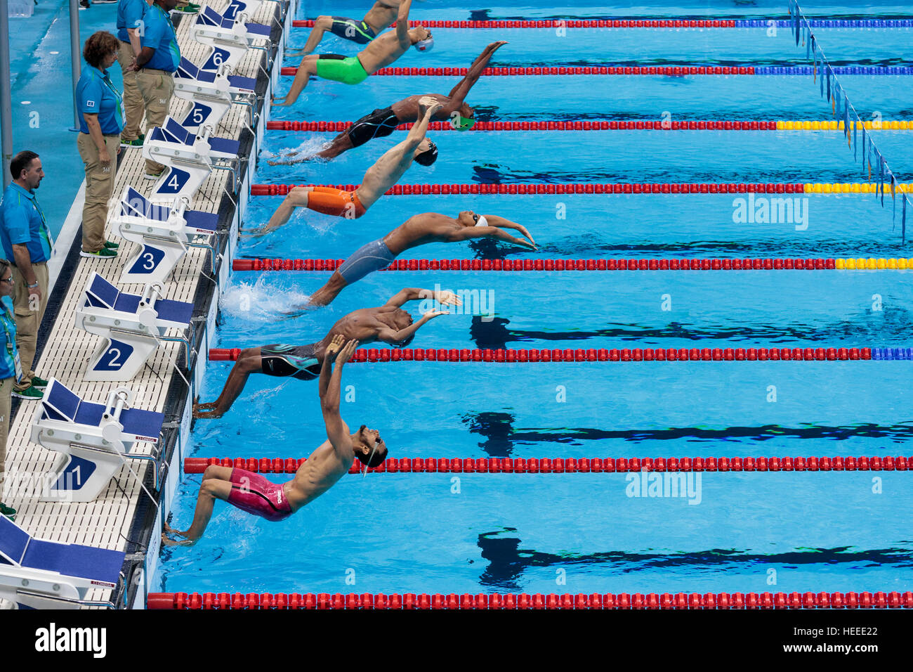 Rio de Janeiro, Brazil. 7 August 2016. Start of the men's 100m ...