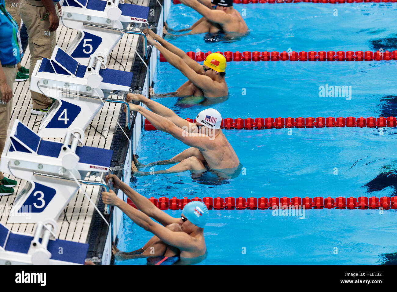 Rio de Janeiro, Brazil. 7 August 2016. Ryan Murphy (USA) at the start ...