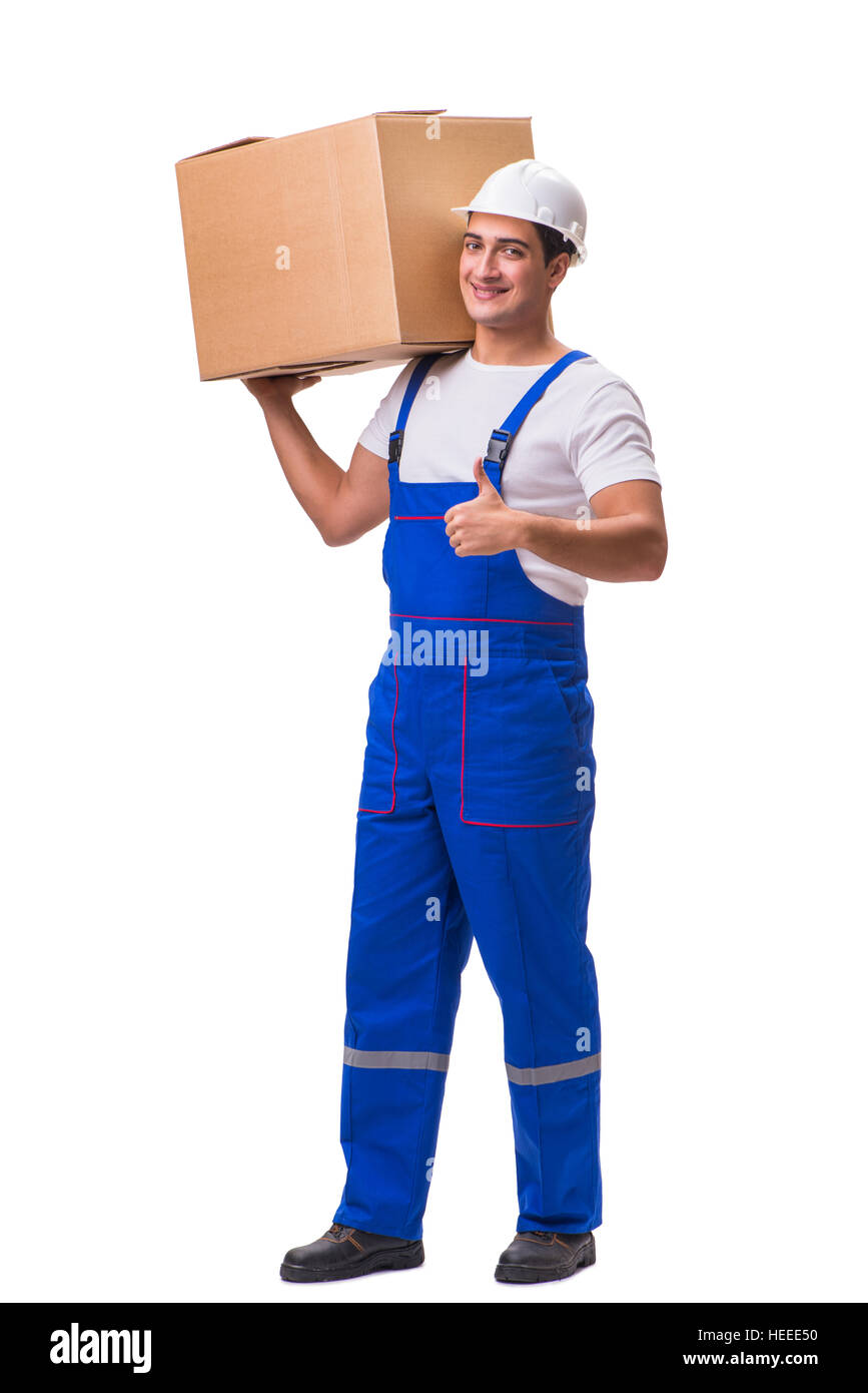 Man delivering box isolated on white Stock Photo - Alamy