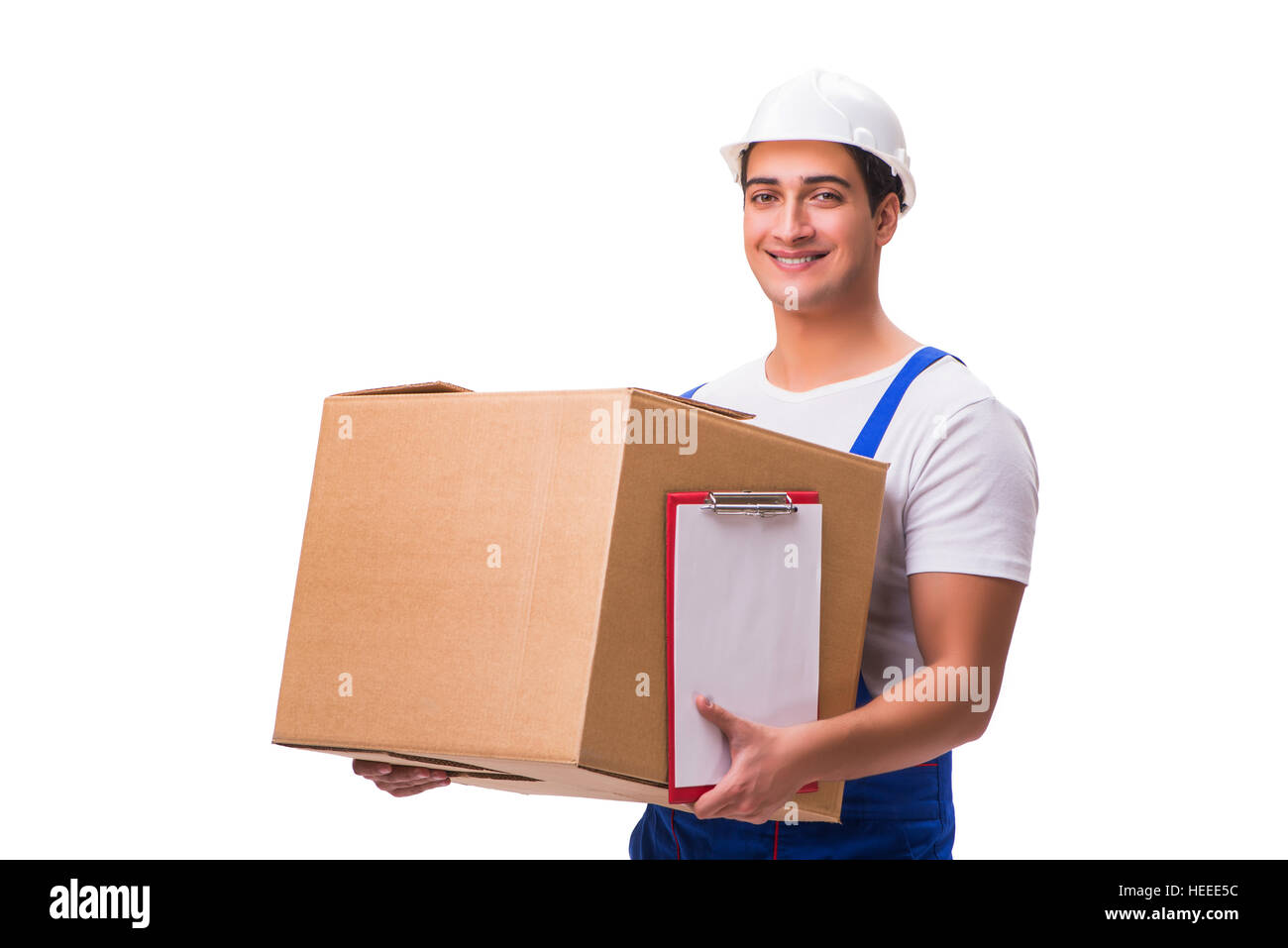 Man delivering box isolated on white Stock Photo - Alamy