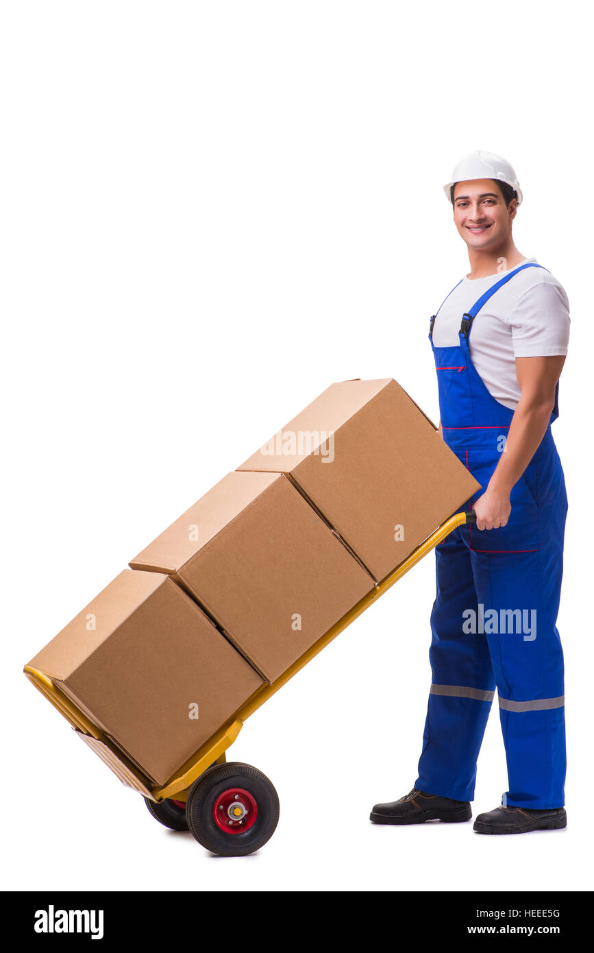Man delivering box isolated on white Stock Photo - Alamy