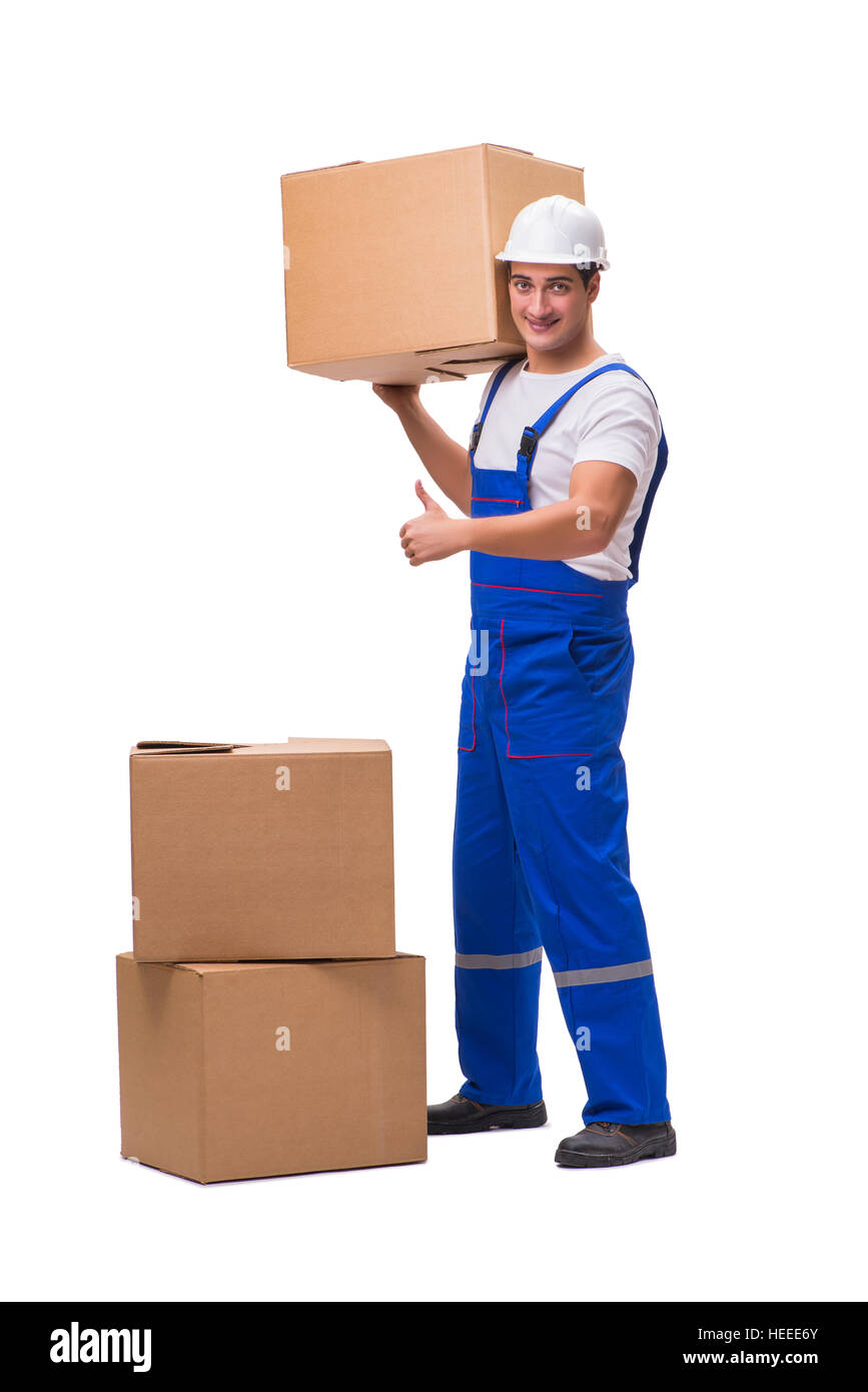 Man delivering box isolated on white Stock Photo - Alamy