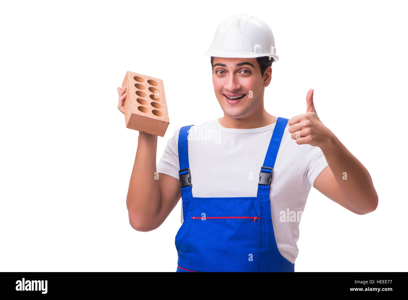 Man with brick isolated on white Stock Photo - Alamy