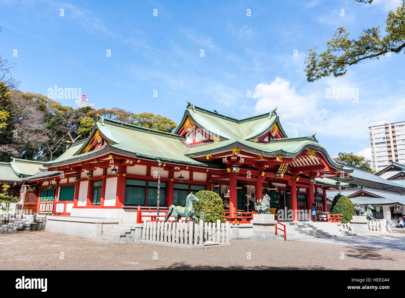 Japan, Nishinomiya Shinto shrine. Honden, main hall, traditional ...