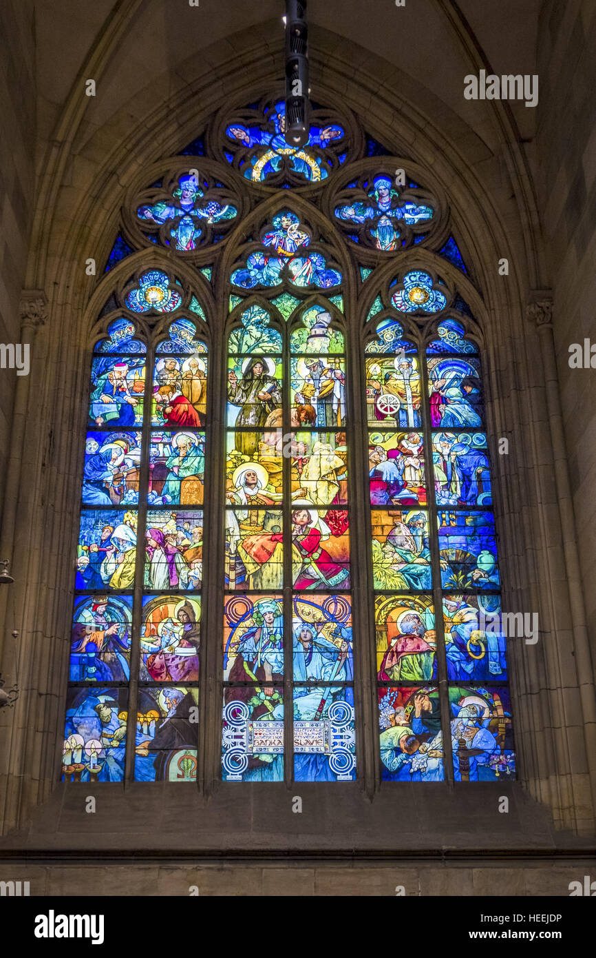 Stained glass window, apse of the Gothic St. Vitus Cathedral, Prague ...