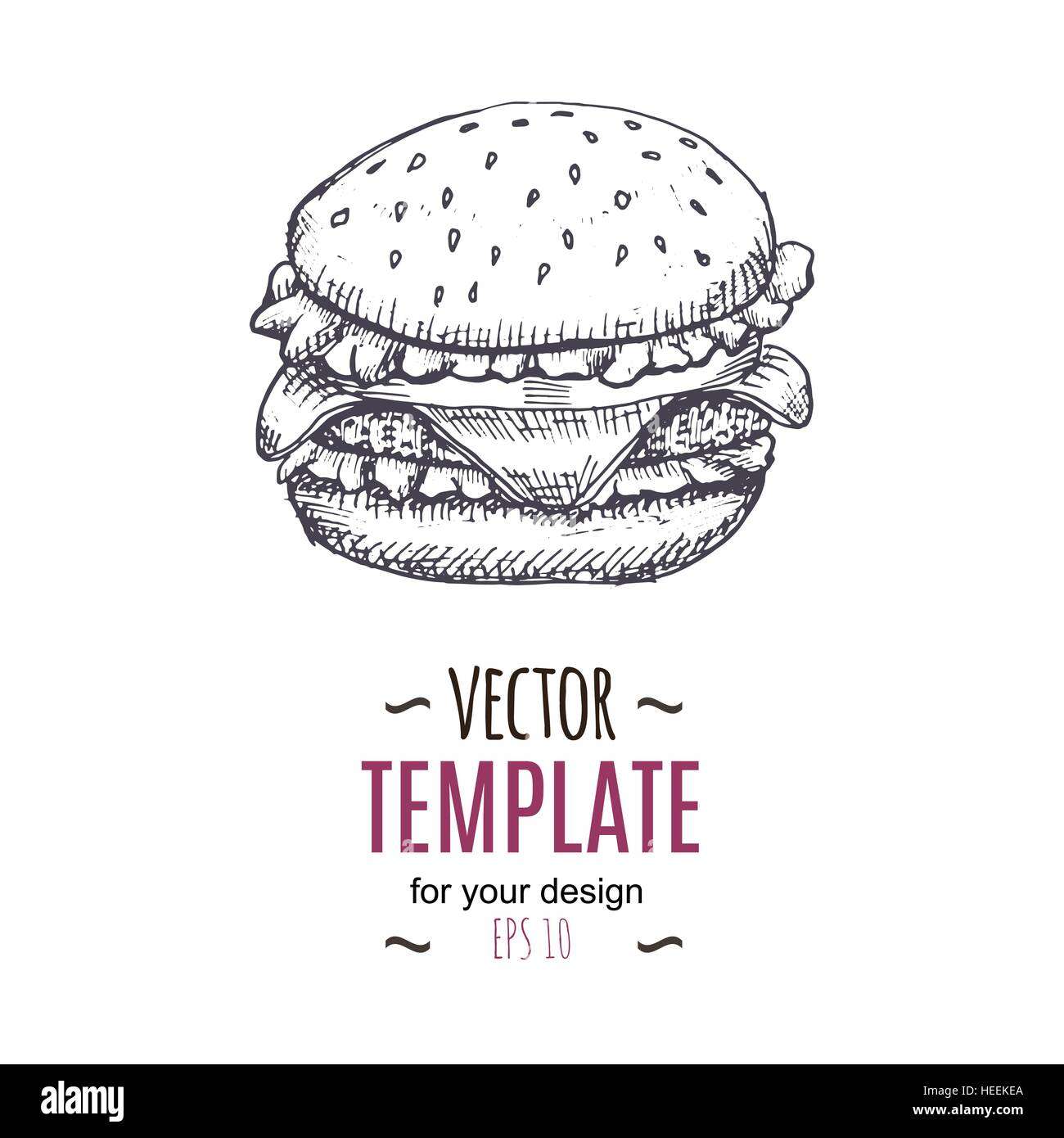 Vector vintage burger drawing. Hand drawn monochrome fast food ...