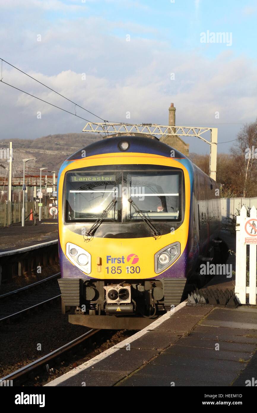 Class 185 Desiro diesel multiple unit entering Carnforth railway ...