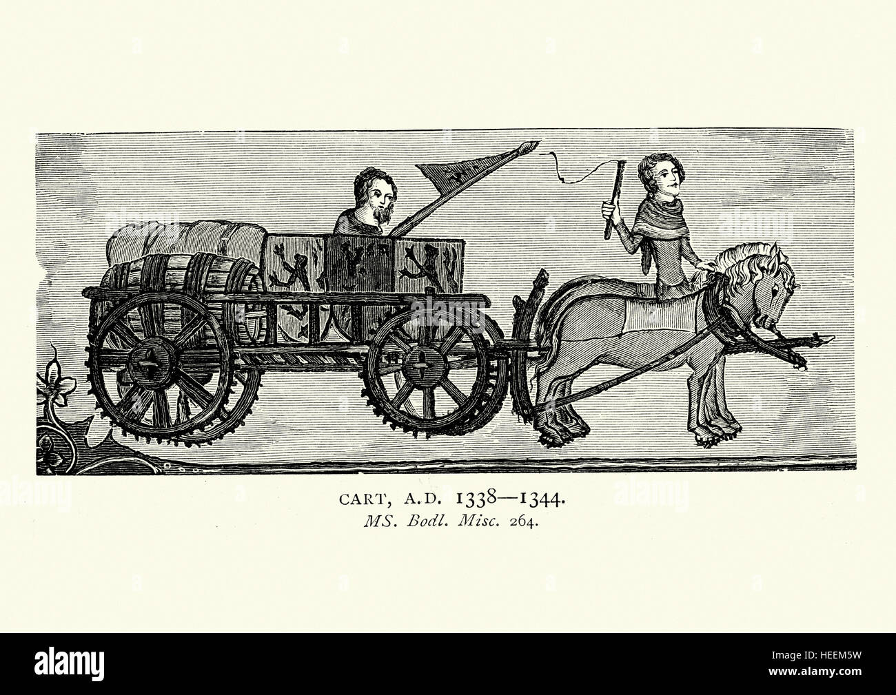 Medieval illustration of wagon and driver carrying Cargo or freight. 14th Century Stock Photo ...