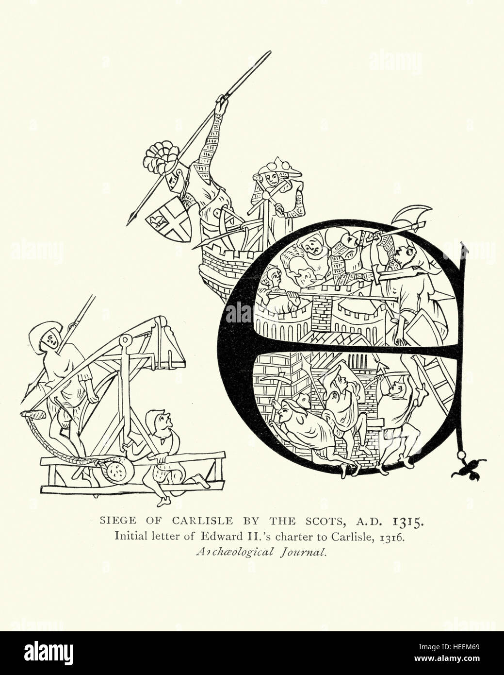 Medieval illustration of Siege of Carlisle by the Scots in 1315. A ...