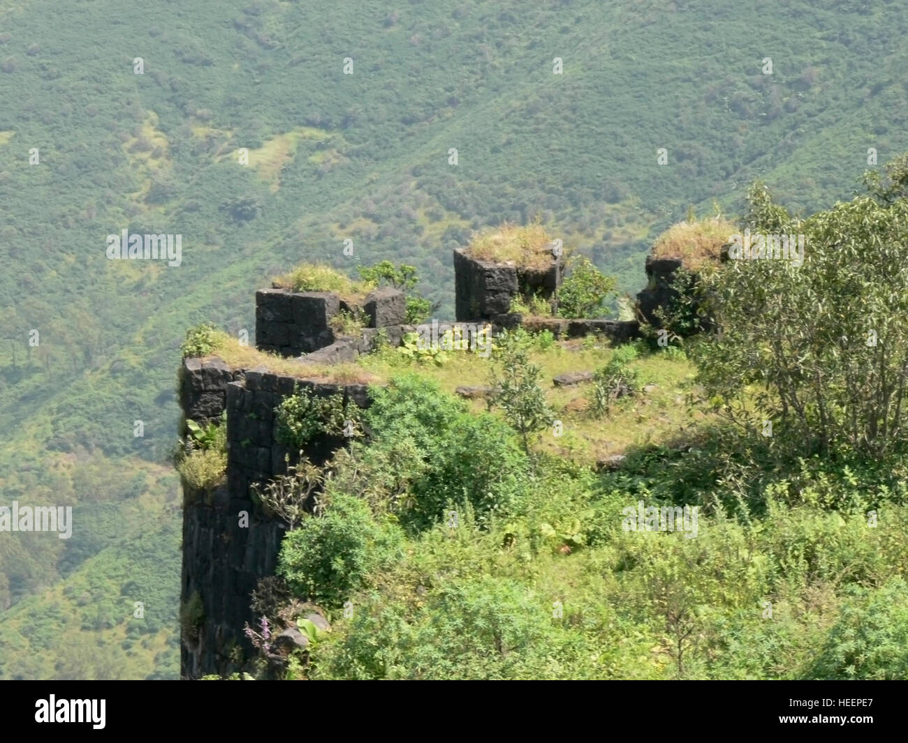 A view of a bastion and valley at Purandhar Fort. 40 km form Pune ...