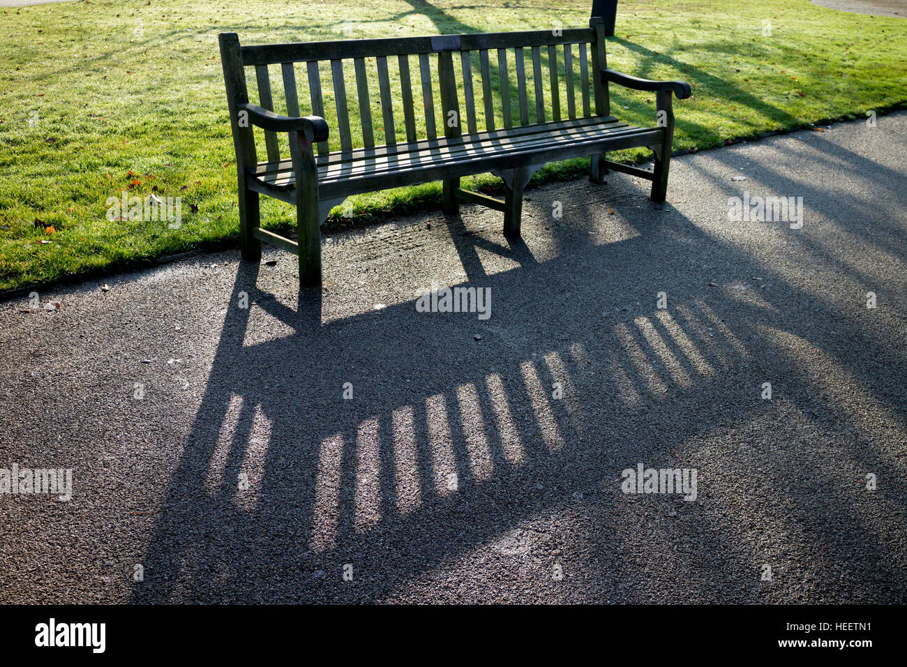 A bench and its shadow in winter, Jephson Gardens, Leamington Spa ...