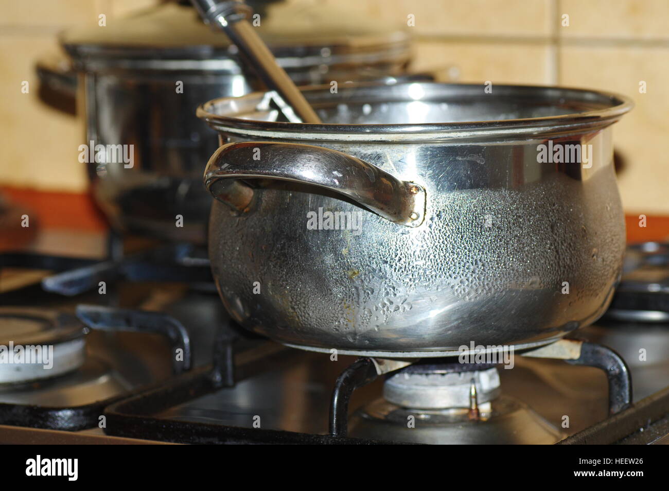 Two steel pots stand on a gas cooker. On one of them you can see the ...