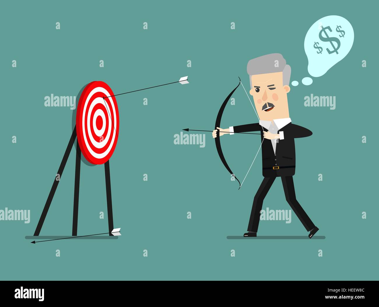 Cartoon businessman with bow and many targets. Conceptual illustration ...