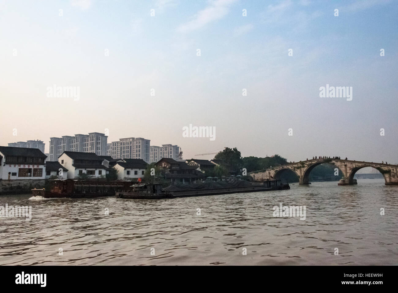 Barge approaching Gongchen Bridge on Grand Canal, Hangzhou, Zhejiang ...