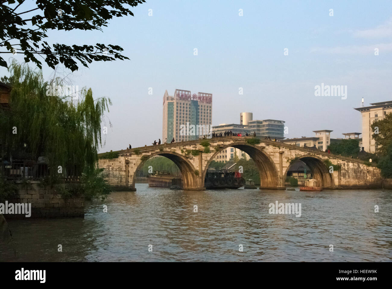 Barge going through Gongchen Bridge on Grand Canal, Hangzhou, Zhejiang ...