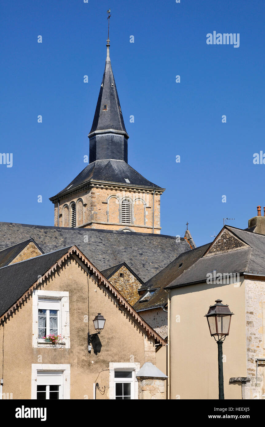 Town and tower bell of Loue in France, in region of Pays de Loire ...