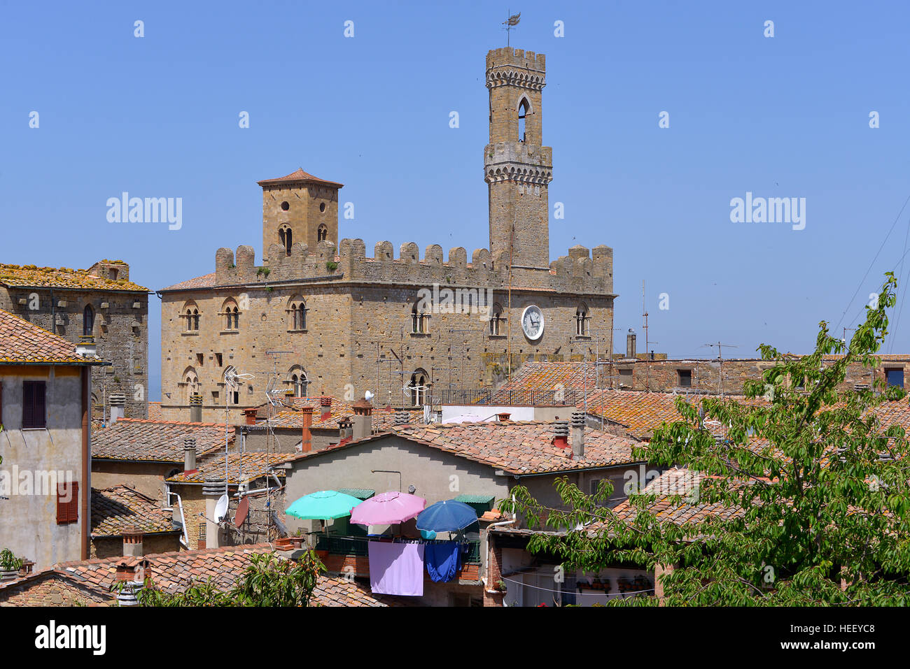 Dei Priori palace and its tower at Volterra, an Italian commune located ...