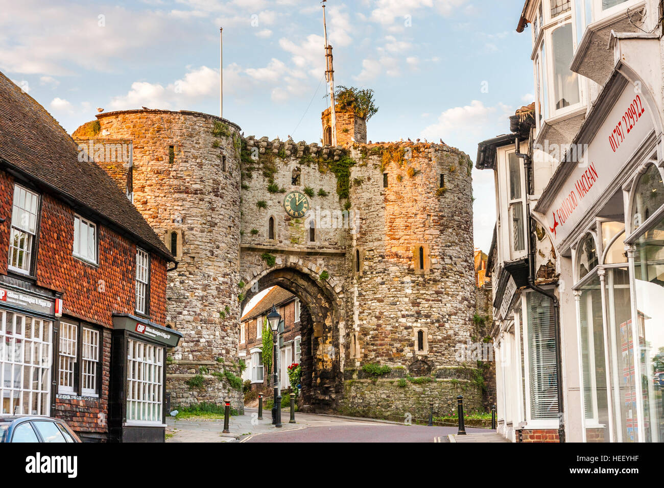Historical old English town, Rye, Landgate Arch, 13th century gatehouse ...
