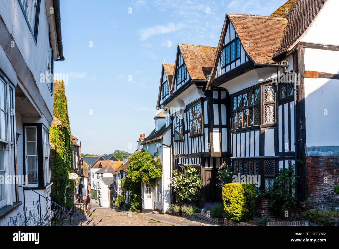 English historical town of Rye. View along cobblestone street with15th ...