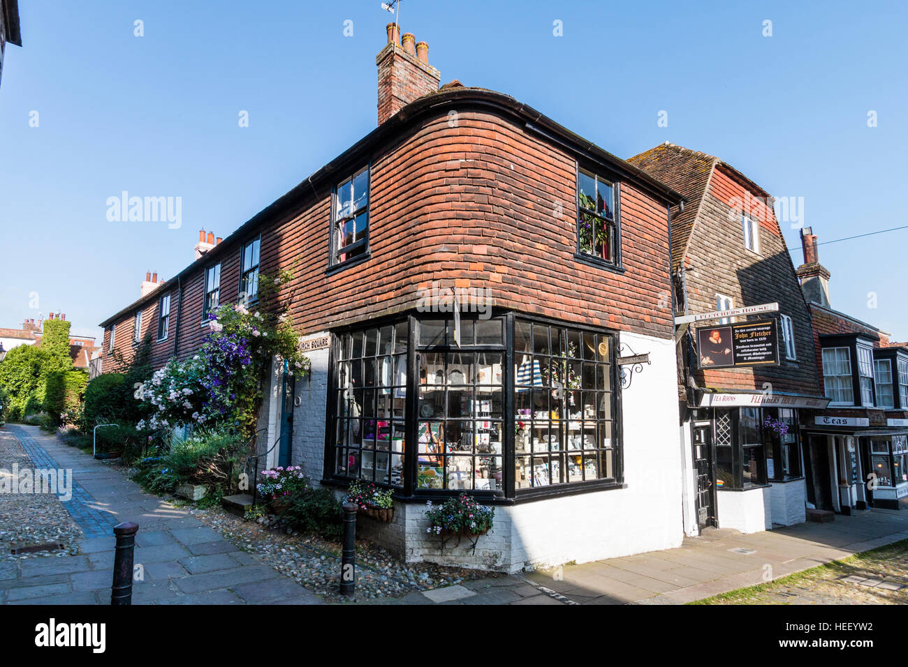 England, historic English town Rye. Wide angle of street with corner ...