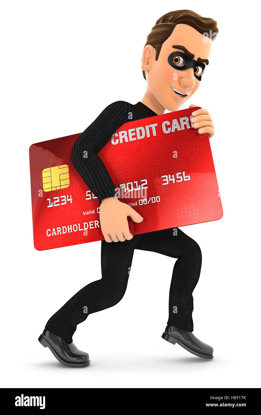 3d thief with a stolen credit card, illustration with isolated white ...