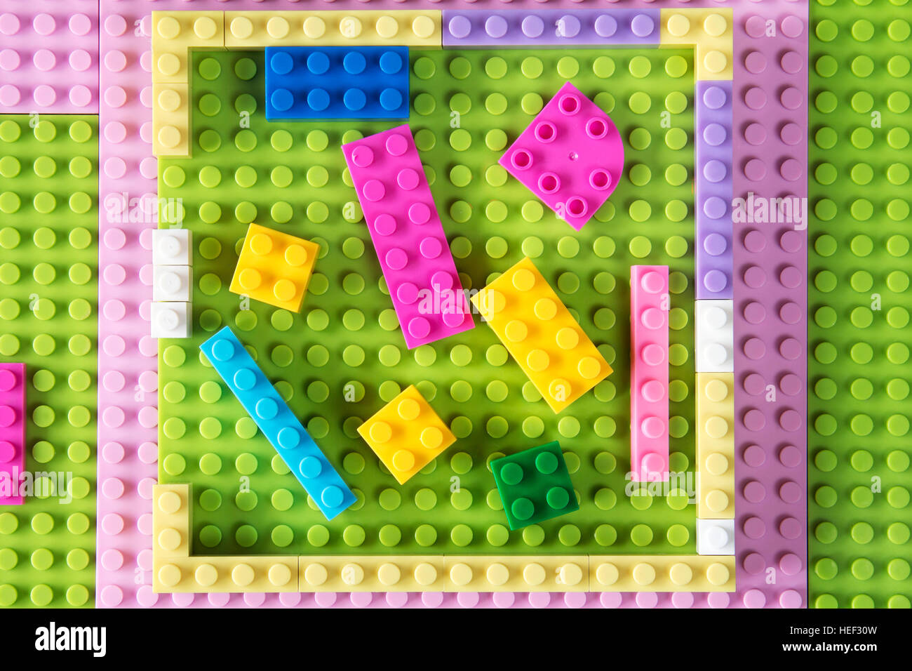 Toys background with colorful plastic building blocks. Top view Stock ...