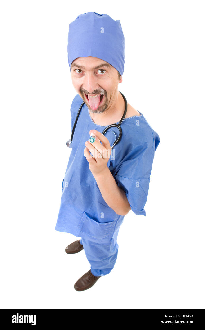 silly doctor with a syringe, full length, isolated on white background ...