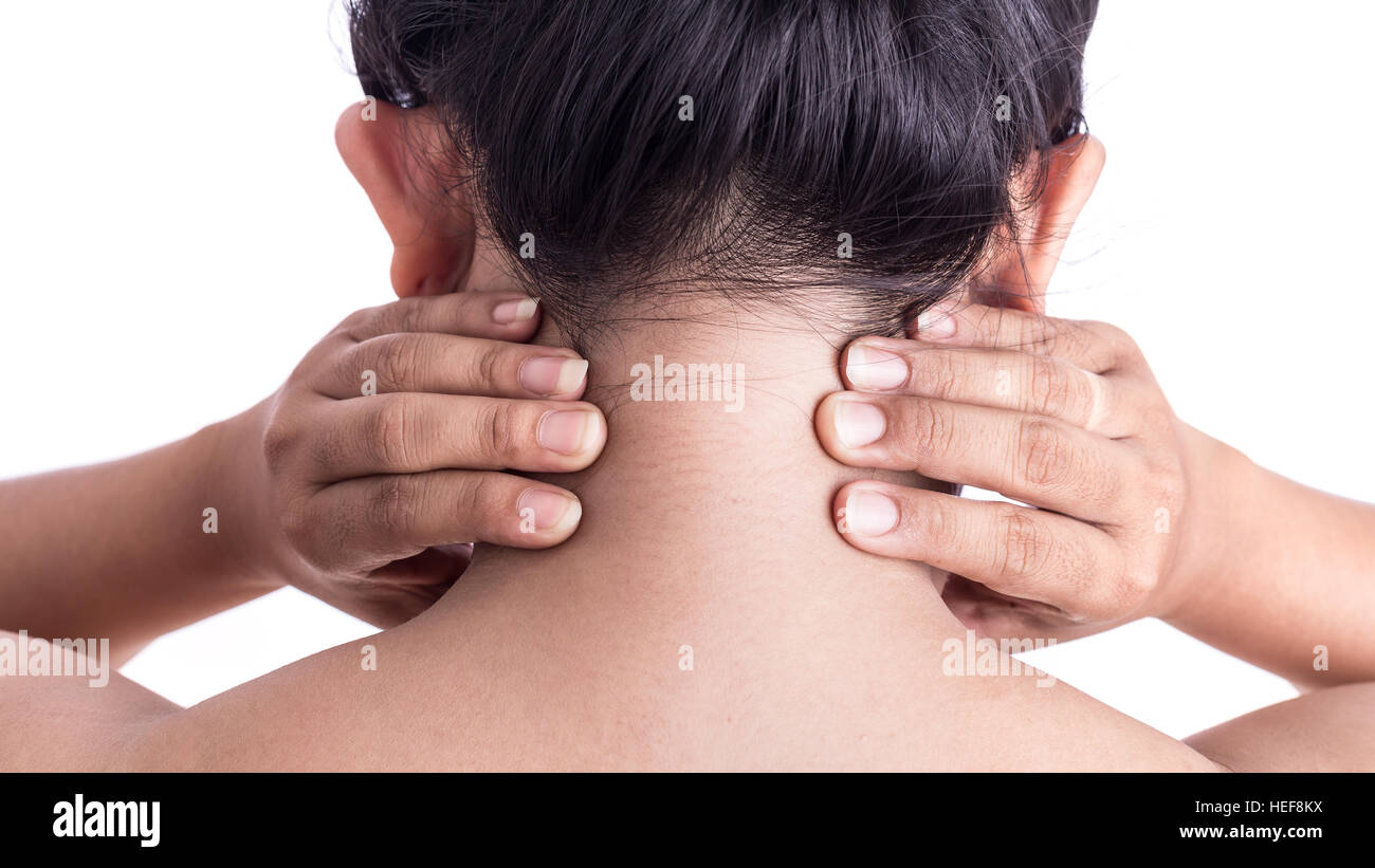 Woman's hand on her neck isolated on white background : Medical concept ...