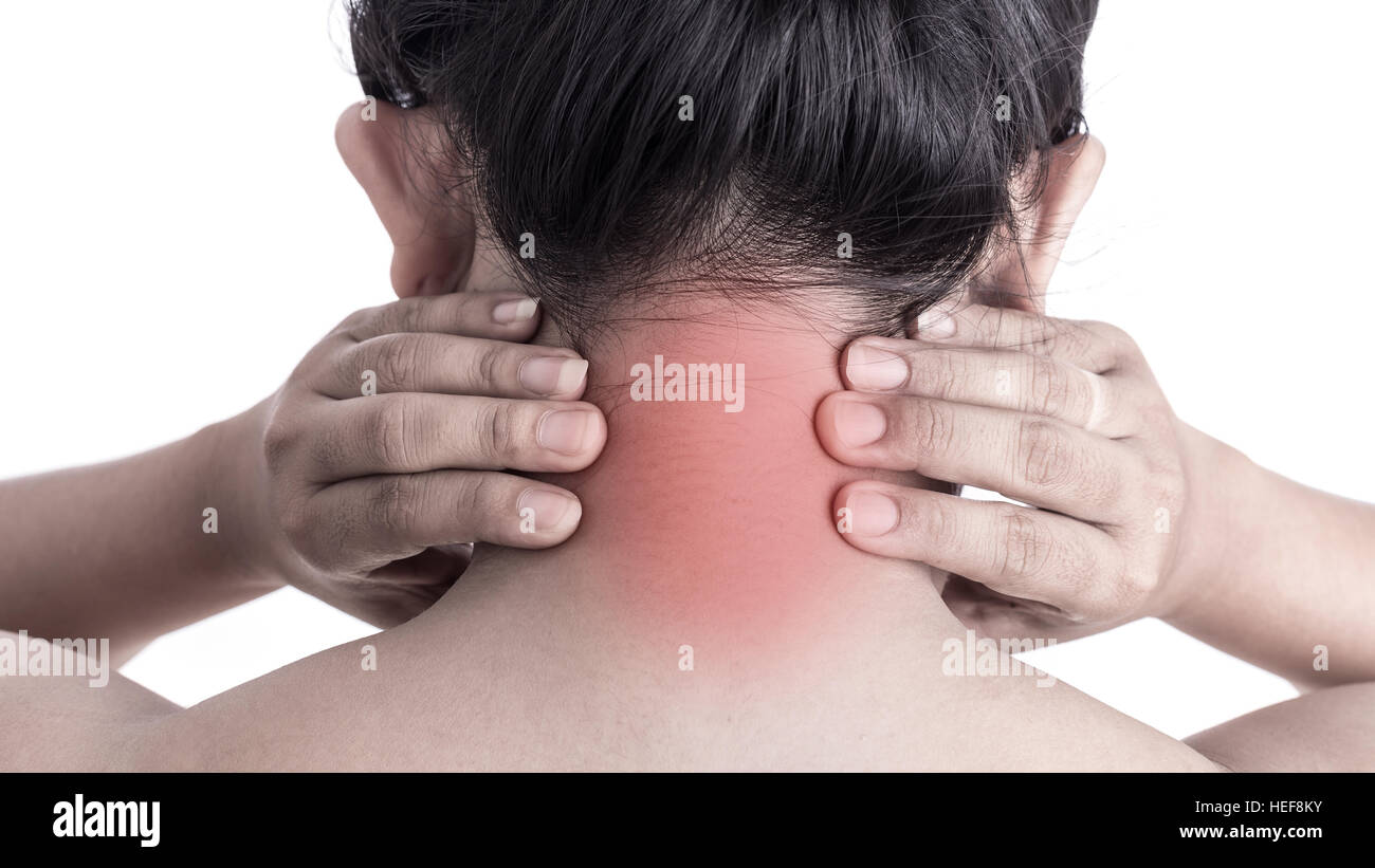 Woman's hand on her neck isolated on white background : Medical concept ...