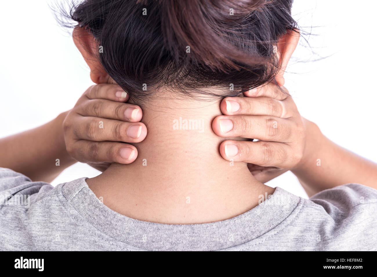 Woman's hand on her neck isolated on white background : Medical concept ...