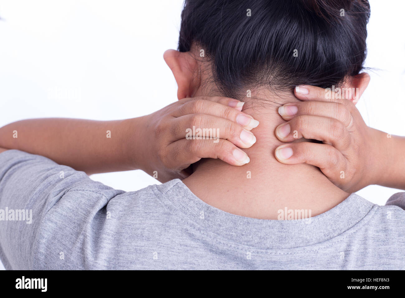 Woman's hand on her neck isolated on white background : Medical concept ...