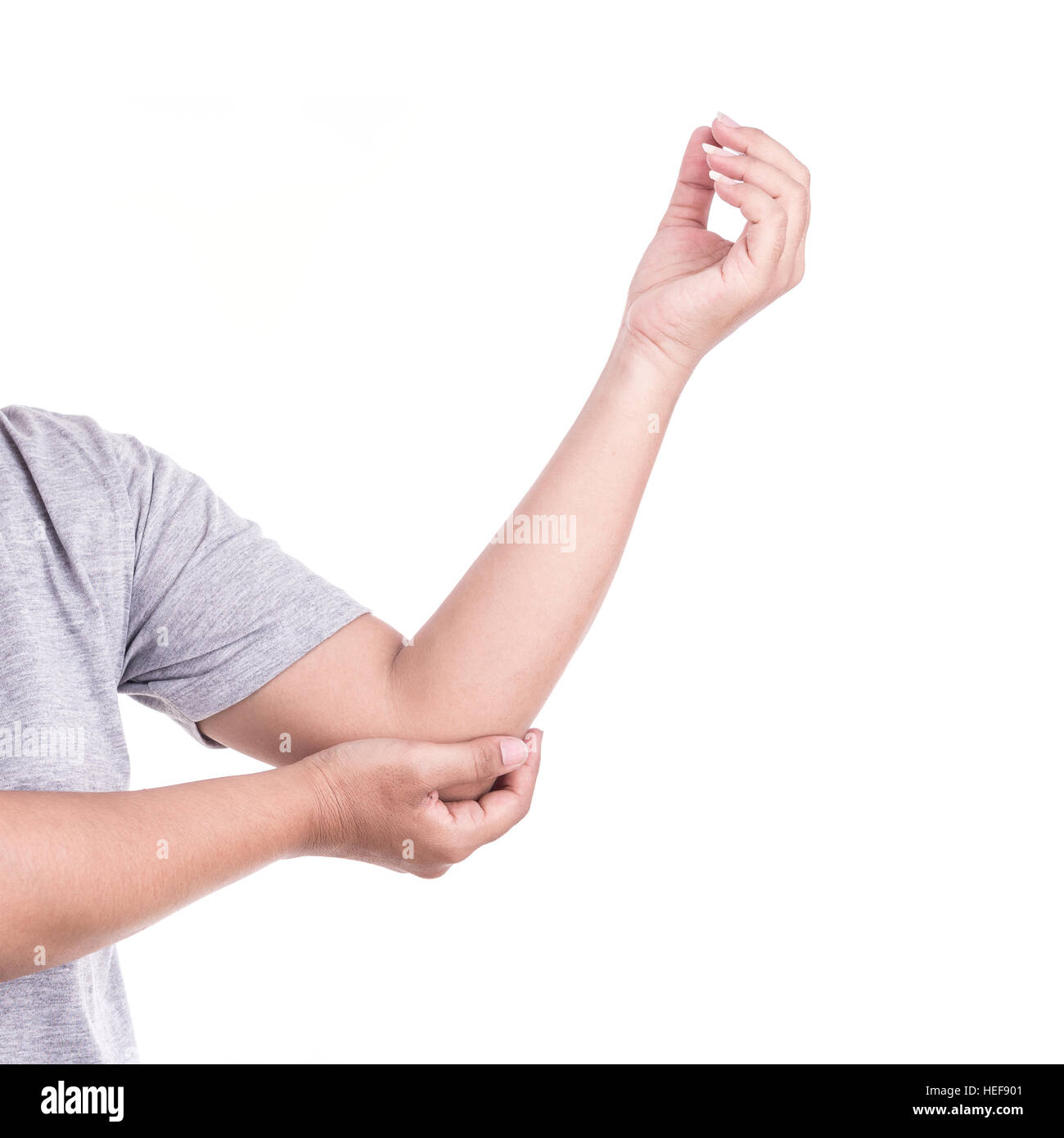 Close up woman's hand holding her elbow isolated on white background ...