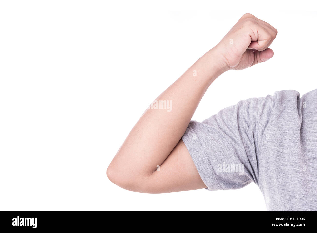 Close up woman's hand holding her elbow isolated on white background ...