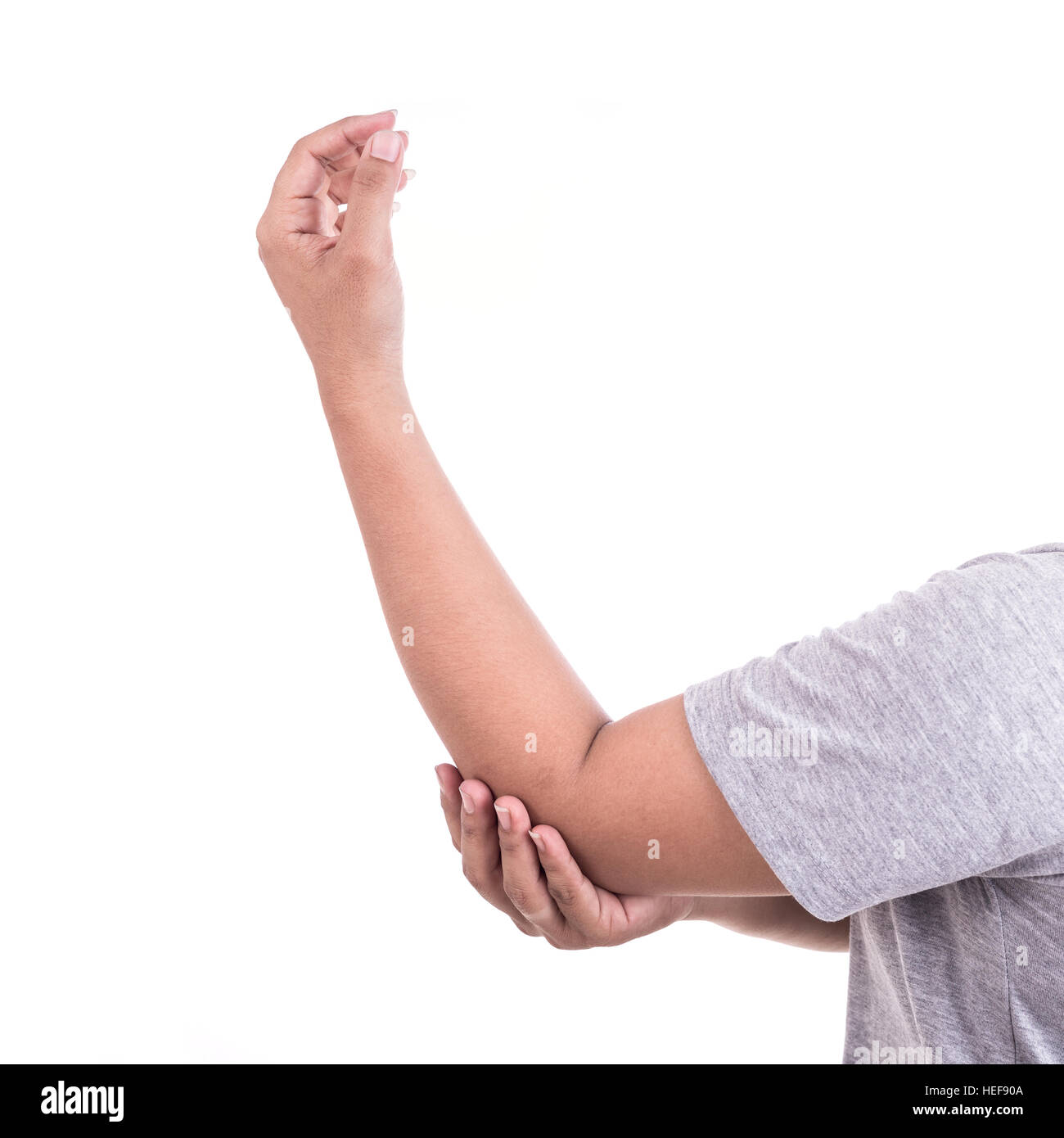 Close up woman's hand holding her elbow isolated on white background ...