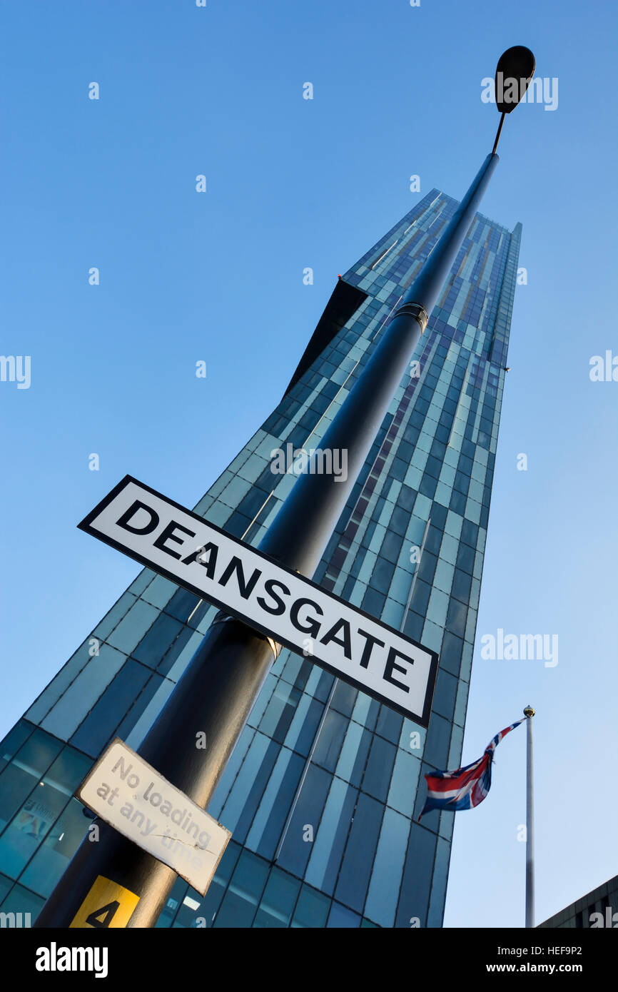 Deansgate sign in front of Manchesters tallest building, the Beetham ...