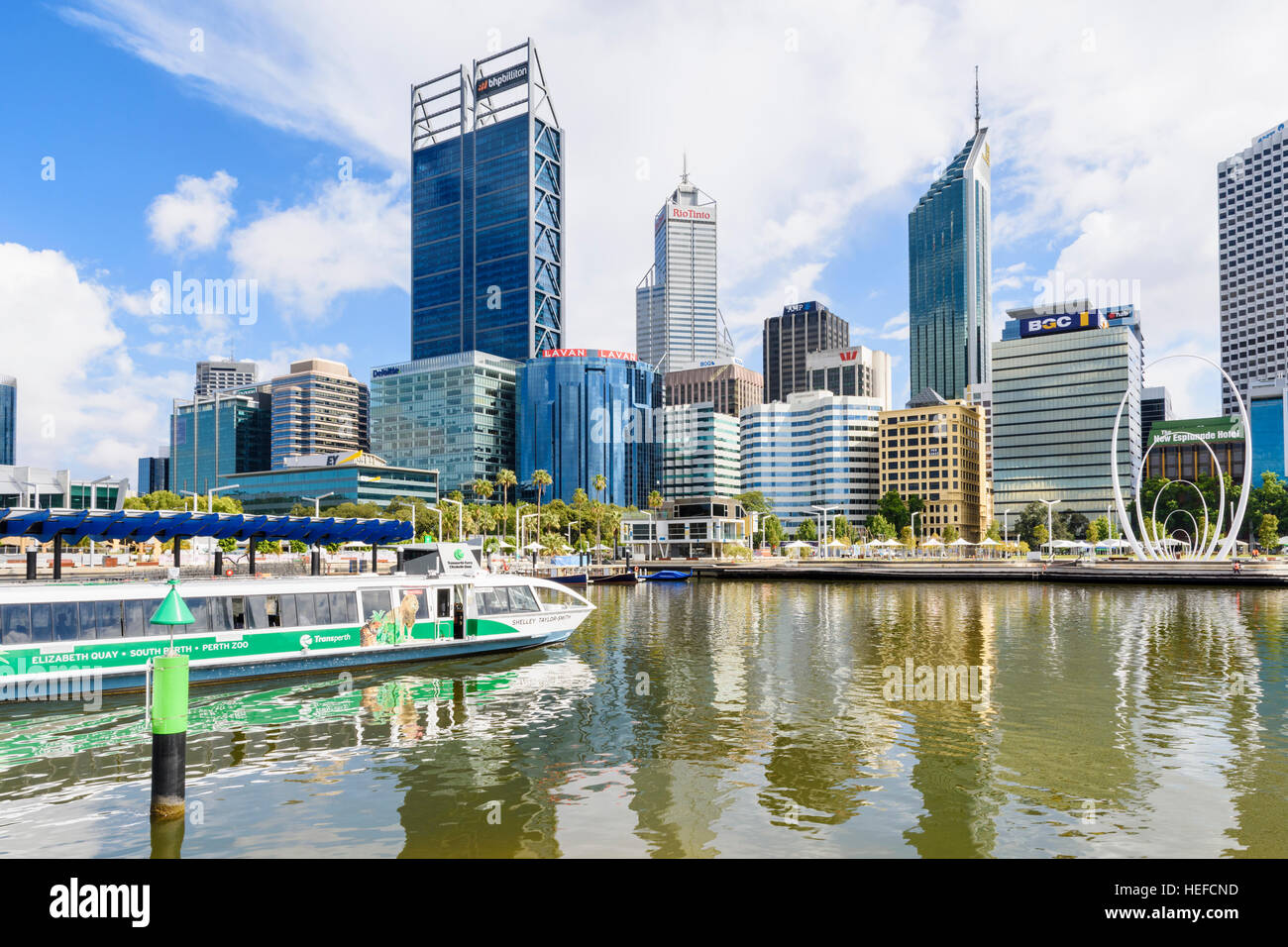 Transperth ferry approaching Elizabeth Quay and skyscrapers of Perth ...