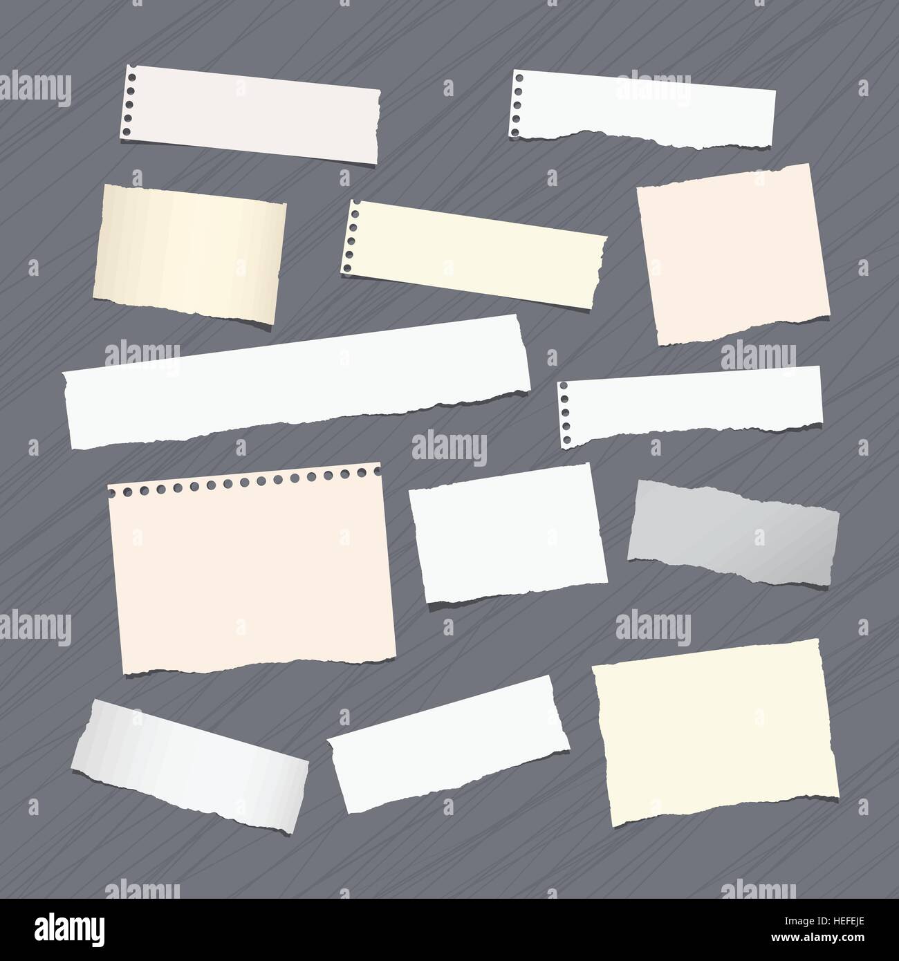 Ripped note, notebook, copybook paper sheets stuck on lined pattern ...