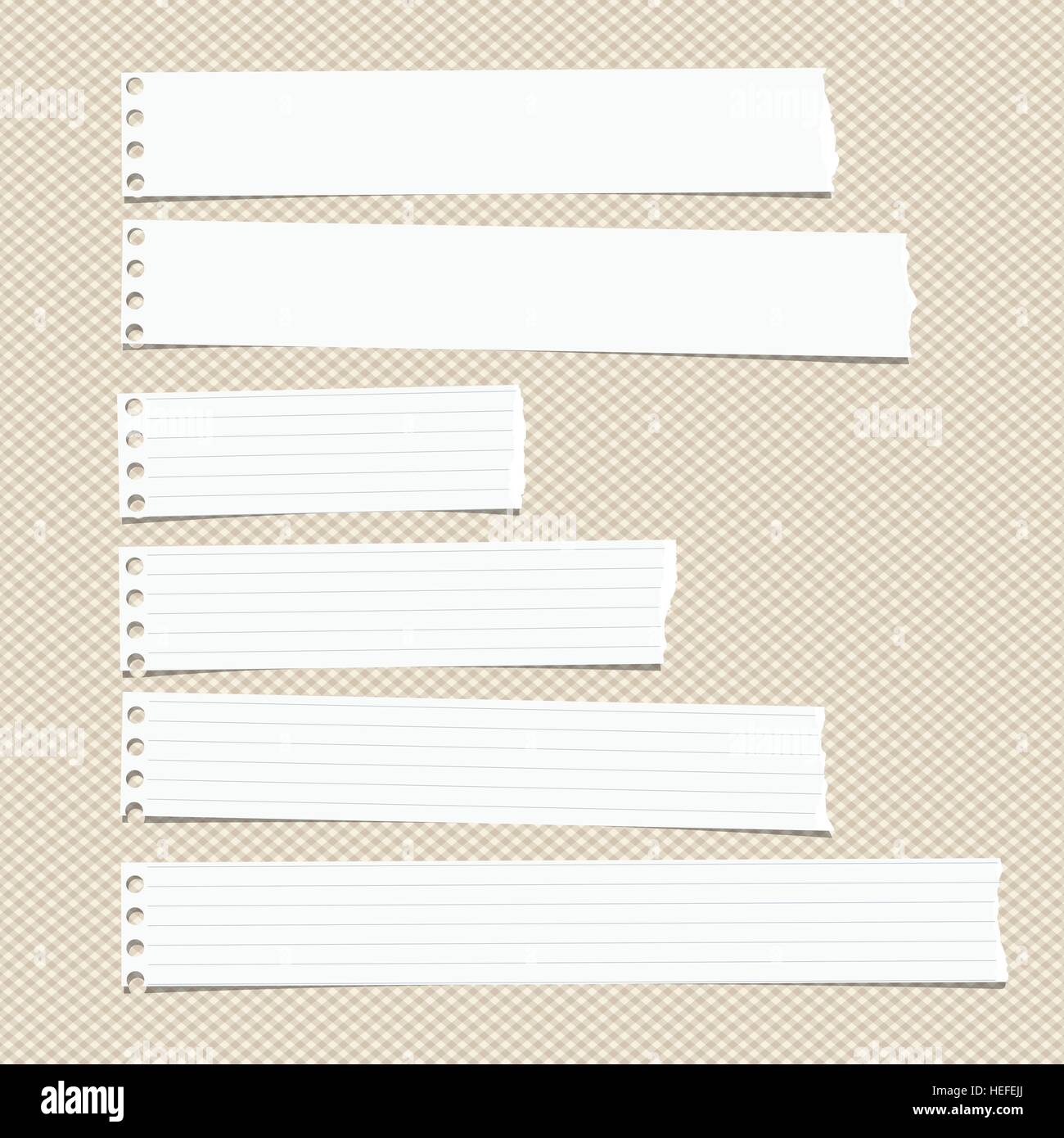White ruled horizontal torn note, notebook, copybook paper sheets stuck ...