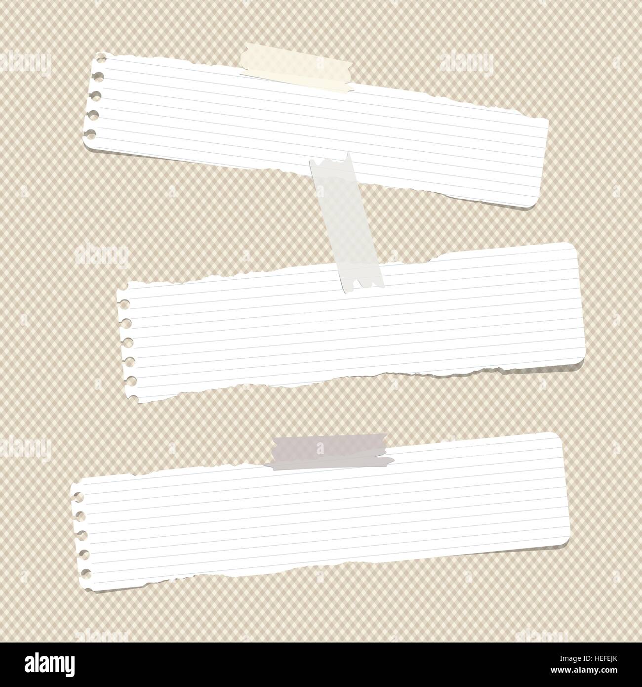 White ruled torn note, notebook, copybook paper sheets stuck with ...