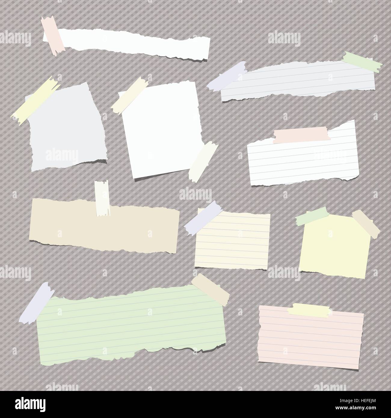 Pieces of different size ripped note, notebook, copybook paper sheets ...