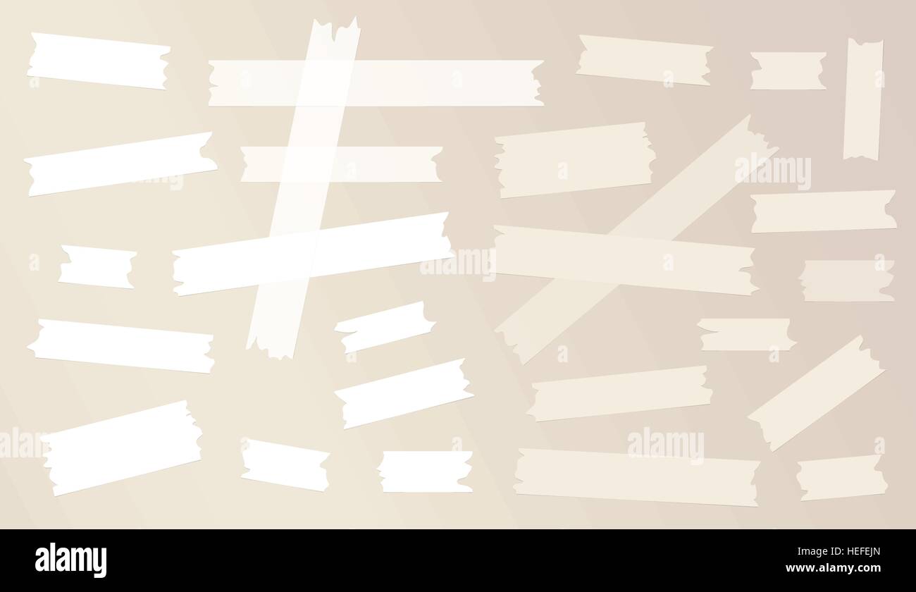 Different size sticky paper, adhesive, masking tape are on brown ...