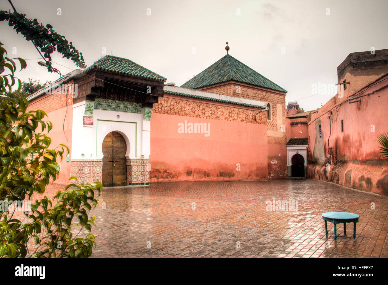 A typical square with red buildings in the center of Marrakesh in ...