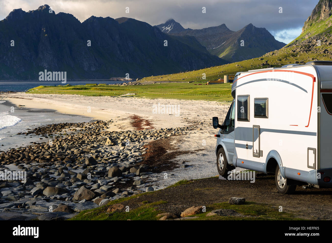 Holiday trip in motorhome. Caravan car on coast. Beautiful nature ...