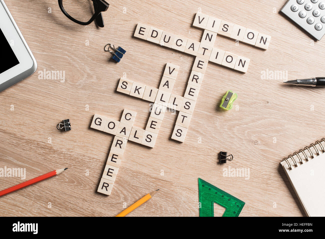 Conceptual keywords on wooden table with elements of game making ...