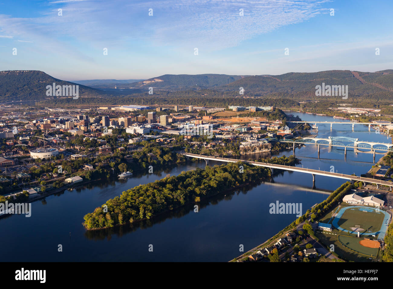 Aerial view of Lookout Mountain and the Tennessee River in Chattanooga ...